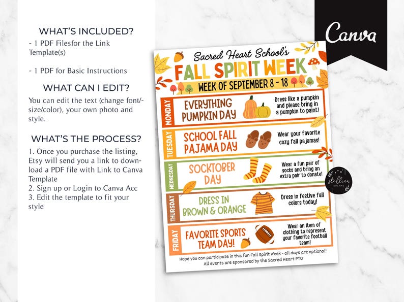 Fall Spirit Week Itinerary: Editable School Calendar (CANVA Template ...