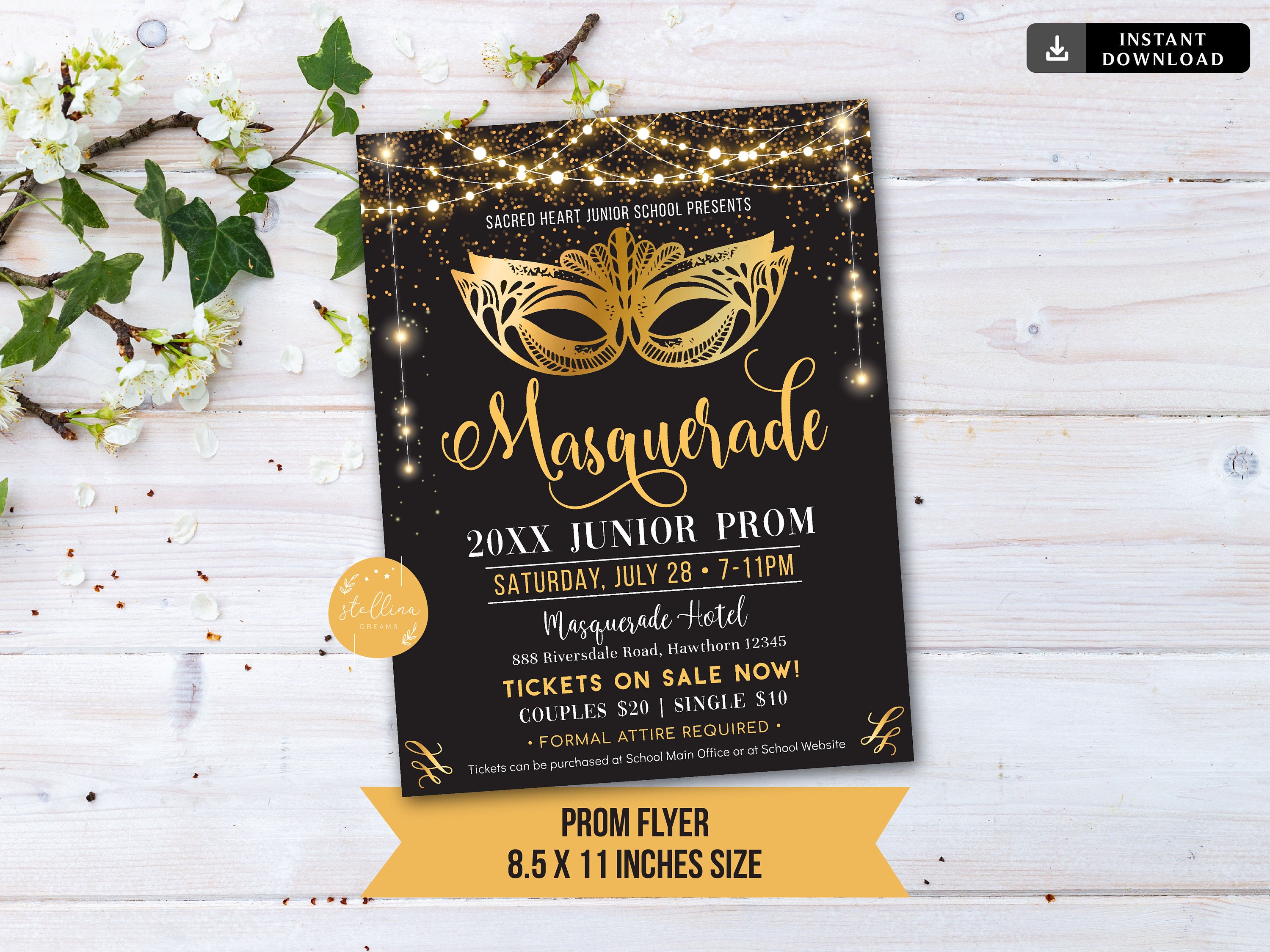 EDITABLE Prom Set, Dance Flyer Invitation Ticket Masquerade Ball, Gold ...