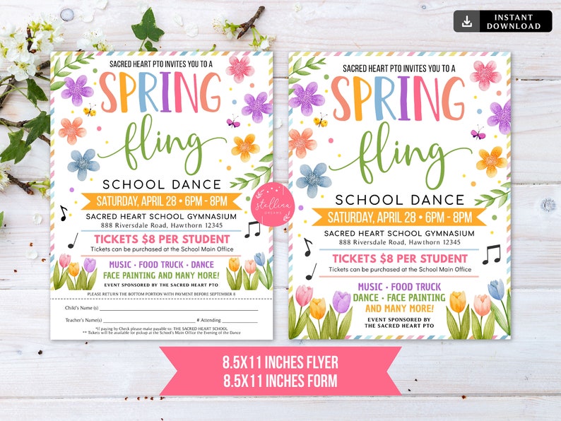 Spring Fling School Dance Flyer Set: Editable Invitation and Ticket ...