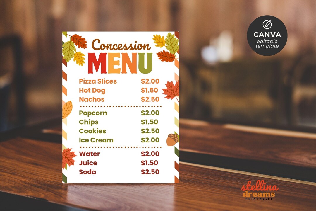 Fall Concession Stand Menu | School Festival Food Booth Sign | Editable ...