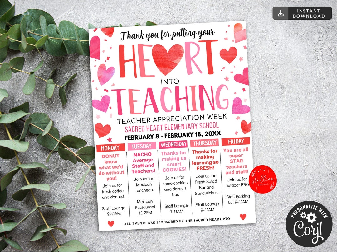 Valentine's Day Teacher Appreciation Week Itinerary Poster Heart Theme ...