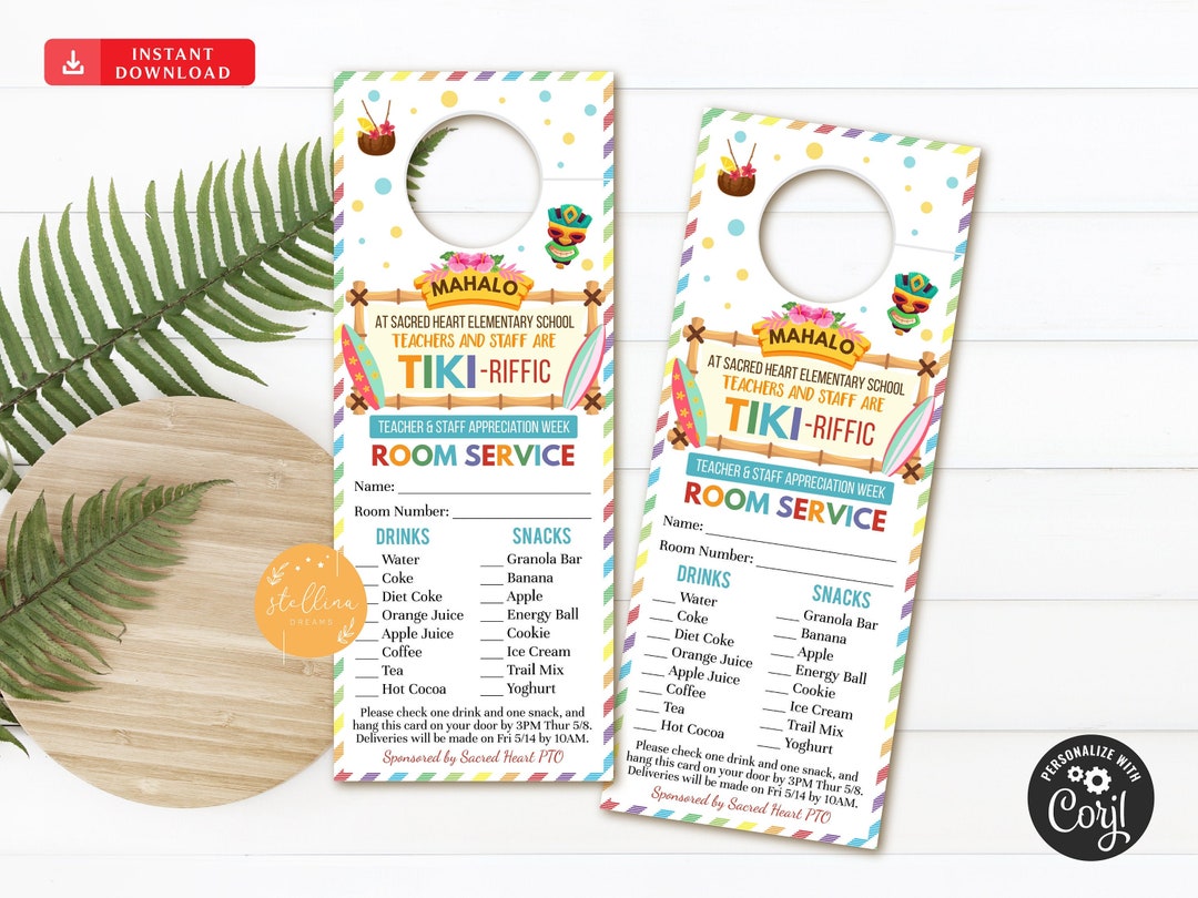 Editable Hawaiian Themed Room Service Door Hanger, Beach Theme Teacher ...