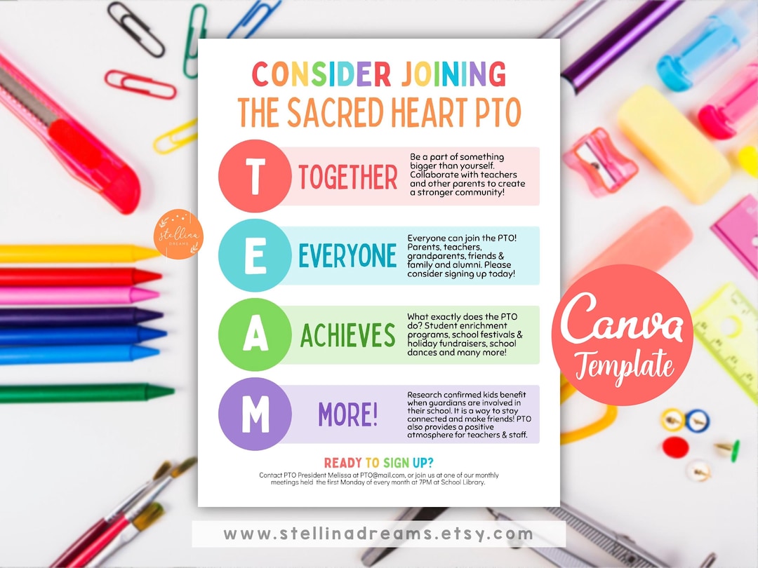 Editable School PTO/PTA Recruitment Flyer: Canva Template, TEAM Acronym ...