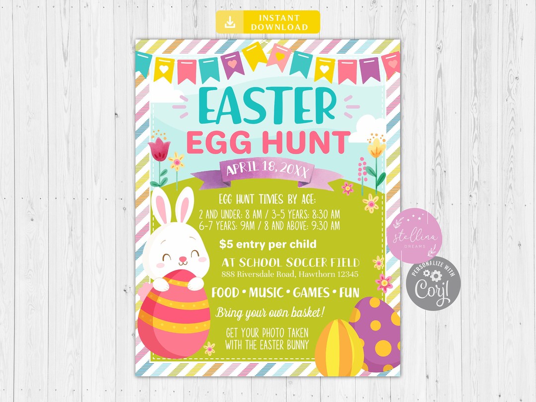 Easter Egg Hunt Flyer, Kids Easter Bunny Event, Printable Invite Easter ...