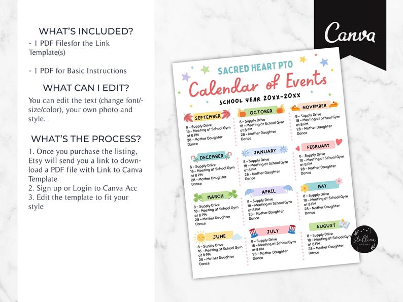 Editable CANVA Template Calendar of Events Template, Monthly PTO PTA ...