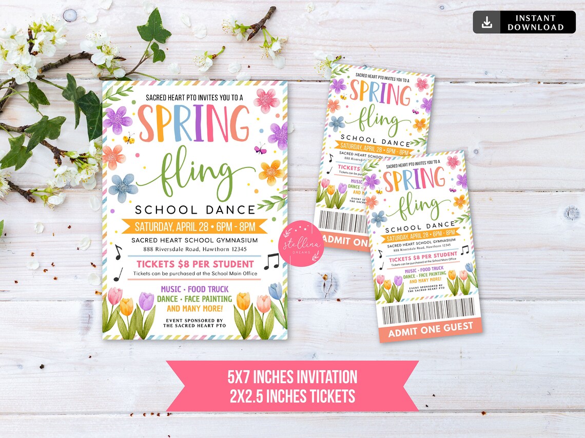 Spring Fling School Dance Flyer Set: Editable Invitation and Ticket ...