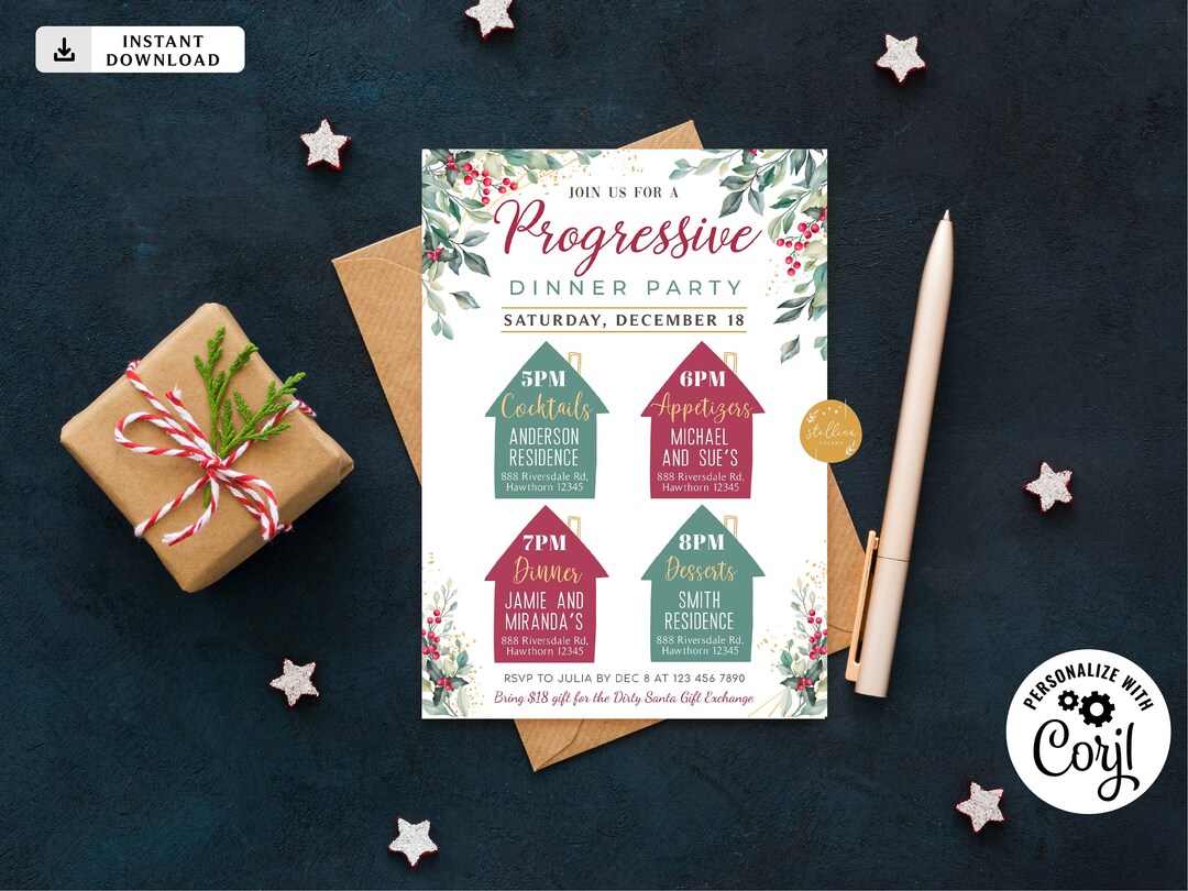 Holiday Progressive Dinner Party Invitation, Christmas Potluck Party ...