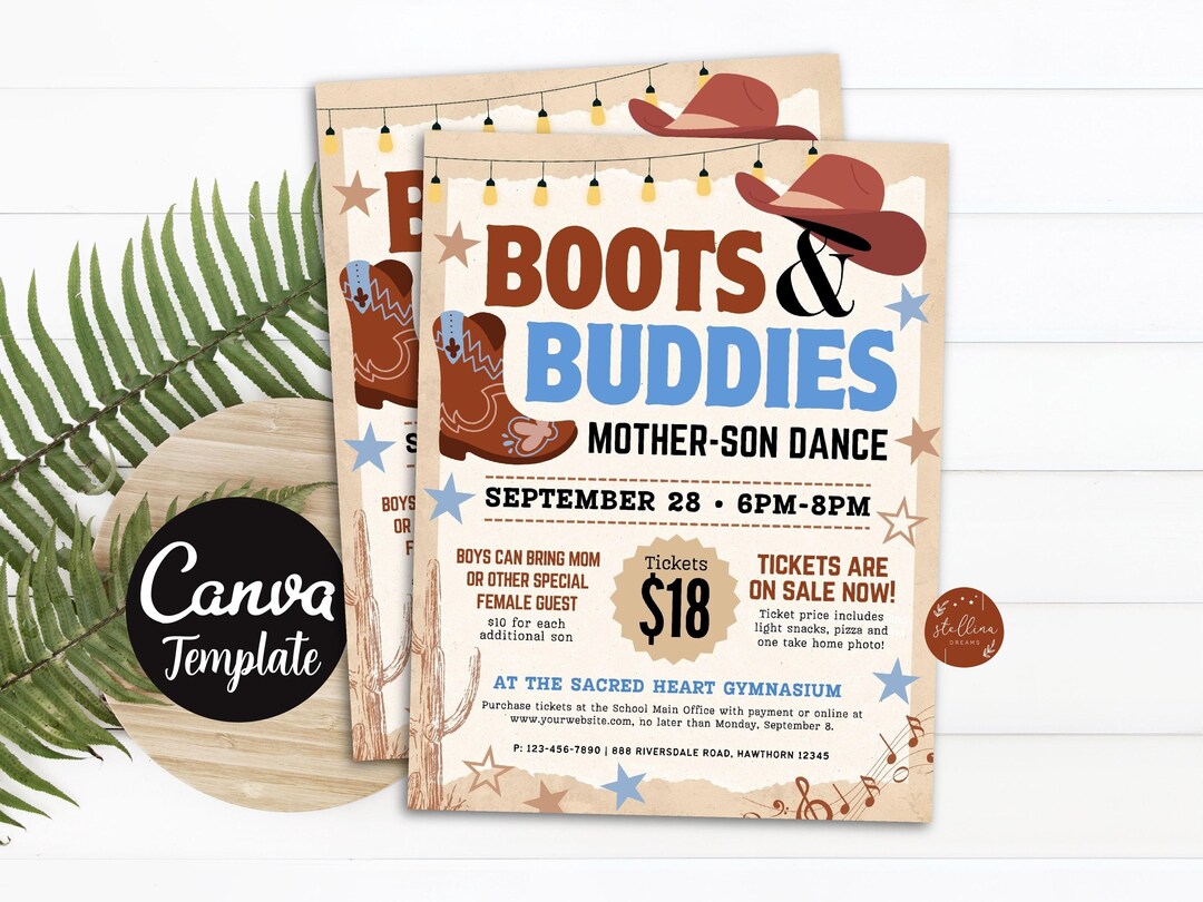 Mother Son Barn Dance Flyer, Western Boots & Buddies Theme, Editable ...