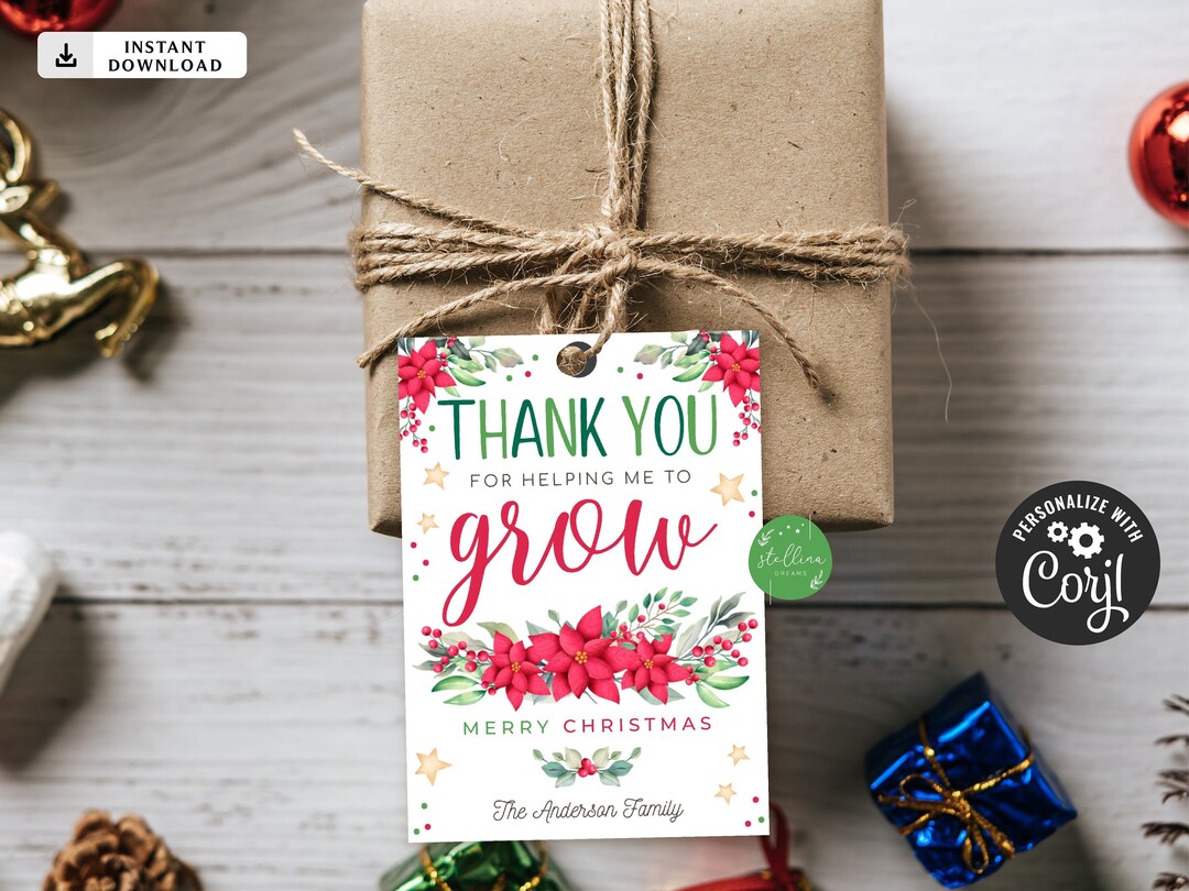Thank You for Helping Me Grow Christmas Floral Gift Tags, Holiday ...
