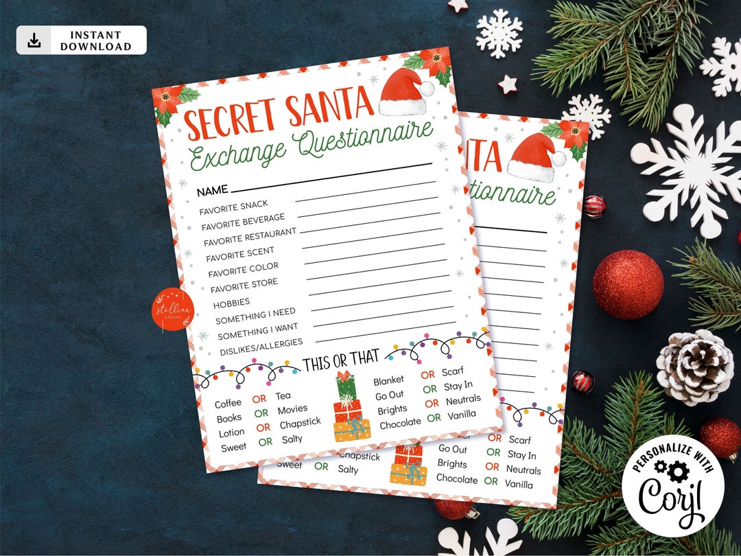 EDITABLE Secret Santa Gift Exchange Printable, Gift Questionnaire ...