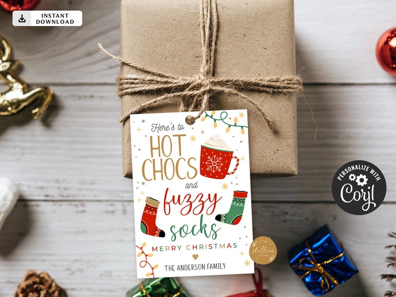 EDITABLE Christmas Socks Gift Tags Hot Chocs and Fuzzy Socks - Etsy