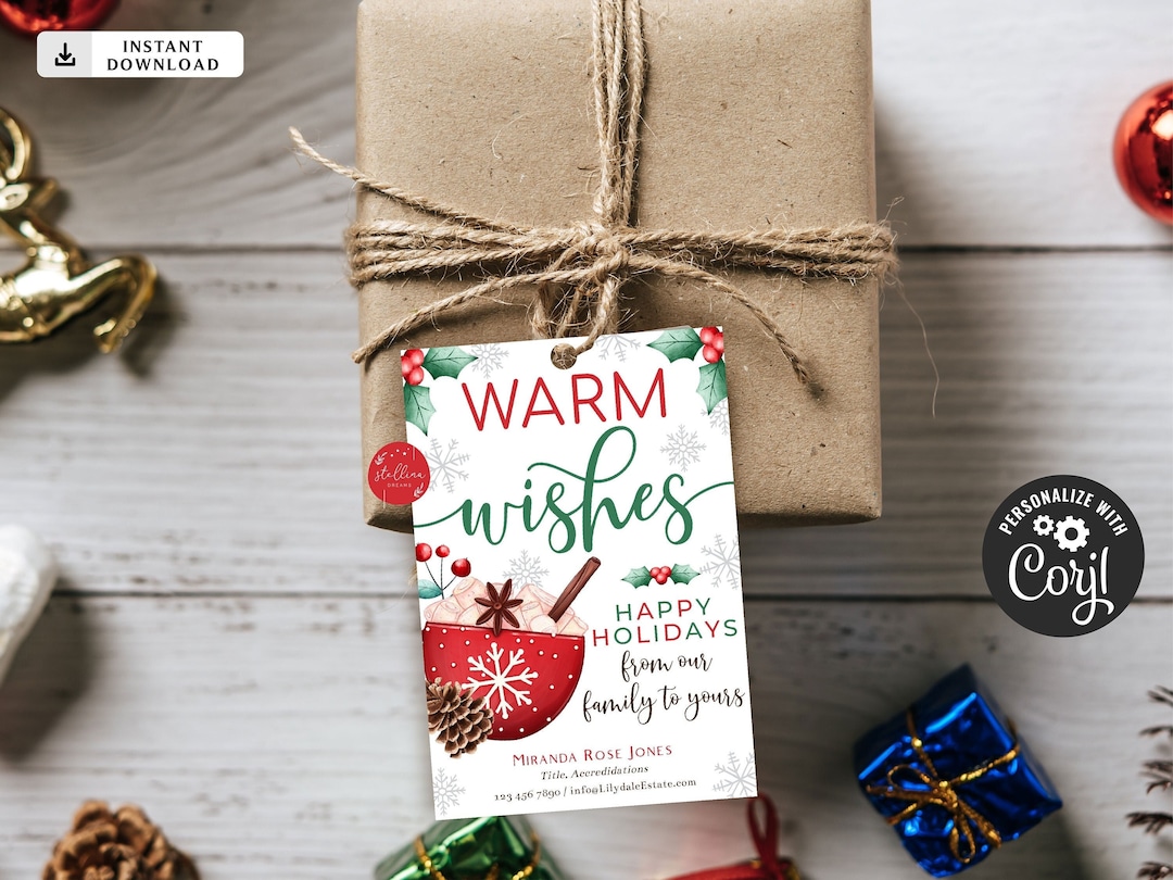 Editable Christmas Warm Wishes Gift Tag, Realtor Hot Chocolate Pop by ...