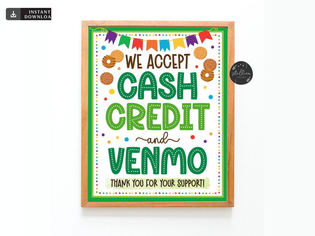 We Accept Payments Sign Cash Credit and Venmo, Bake Sale Cookie Booth ...