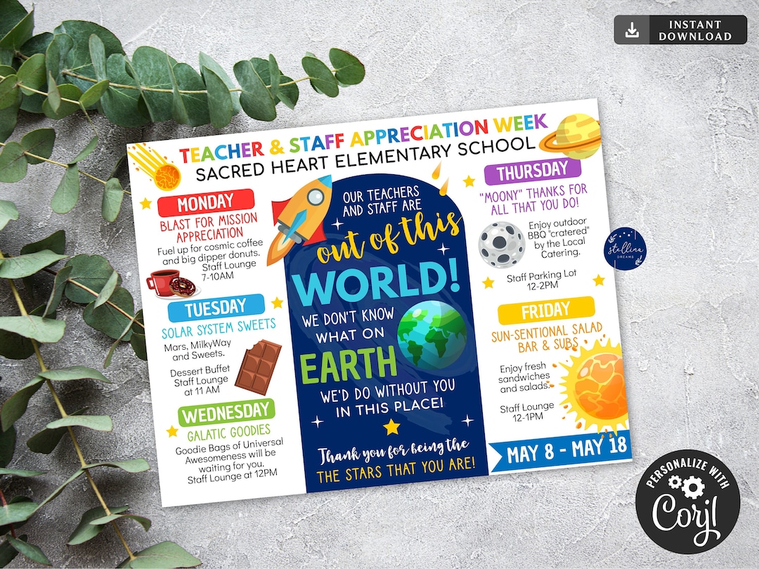Space Theme Teacher Appreciation Week Itinerary Poster Digital Week ...