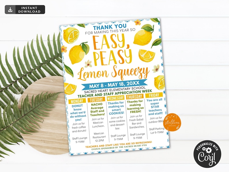 EDITABLE Teacher Appreciation Week Itinerary Easy Peasy Lemon - Etsy ...