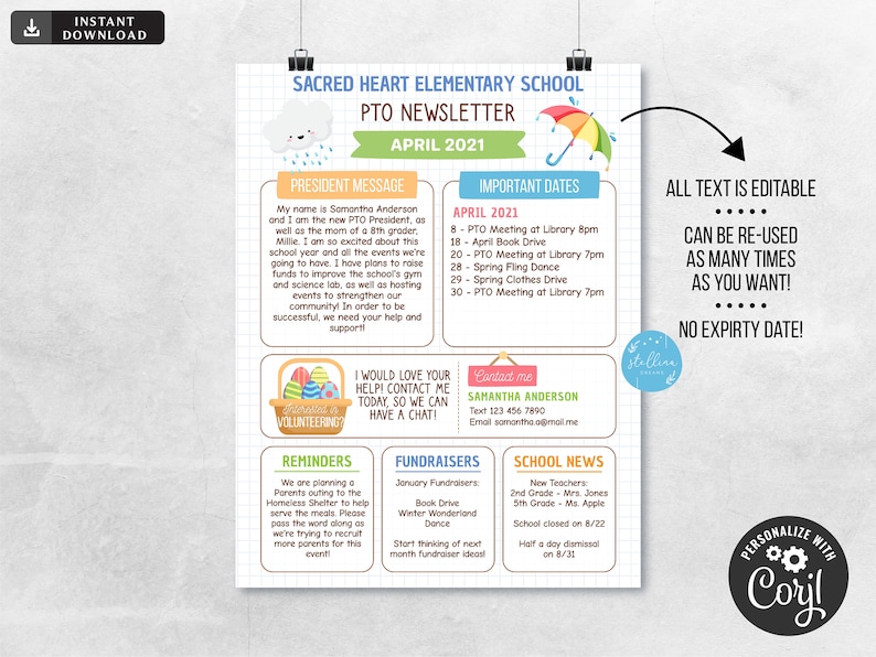 April PTO PTA Newsletter Flyer, Easter Printable Handout, School Year ...