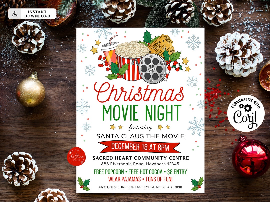 Christmas Movie Night Flyer, Printable PTA PTO Flyer Xmas School Church ...