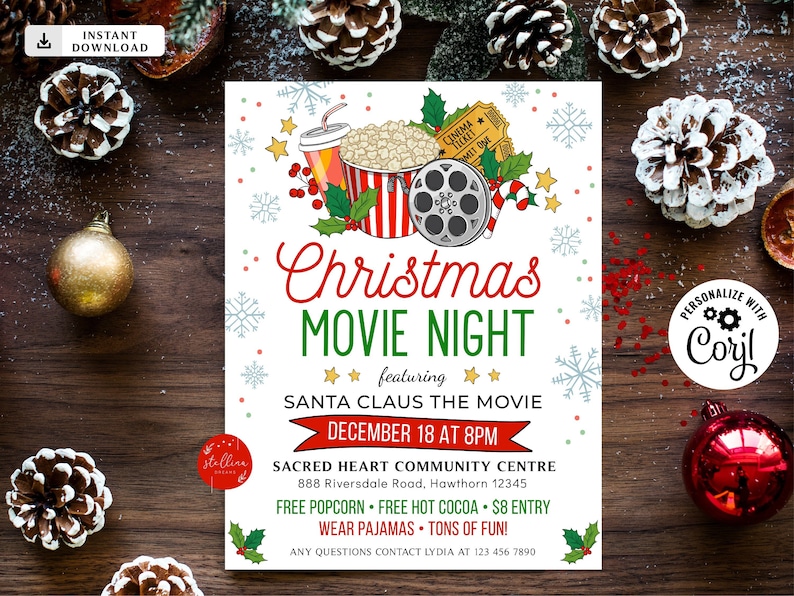 Christmas Movie Night Flyer Printable PTA PTO Flyer Xmas - Etsy