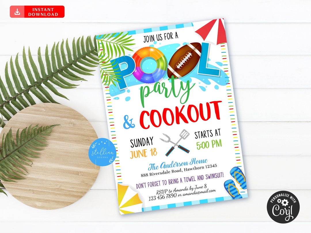 EDITABLE Summer Pool Football Party Invitation Back to School, Football ...