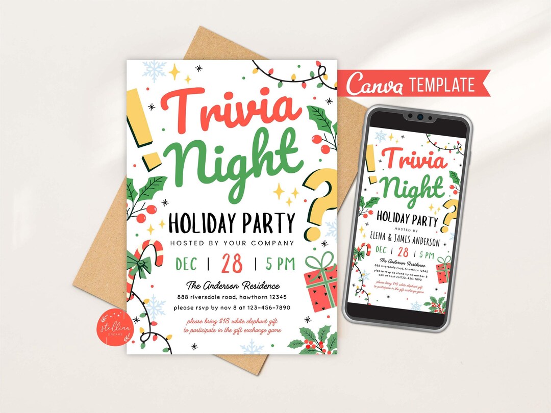 Christmas Trivia Night Invitation: Holiday Party Canva Template - Etsy