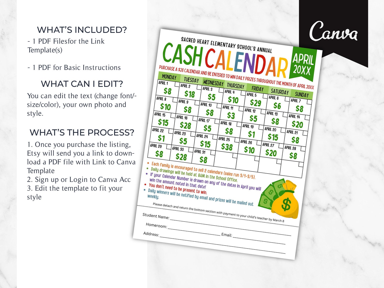 Editable Cash Calendar Fundraiser Flyer, Printable Handout Take Home ...