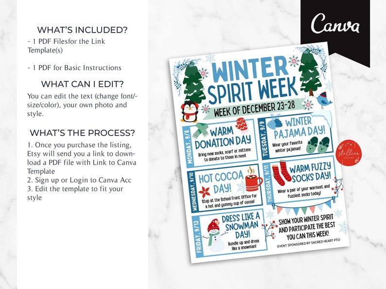 Winter School Spirit Week Itinerary: Editable CANVA Template, Weekly ...
