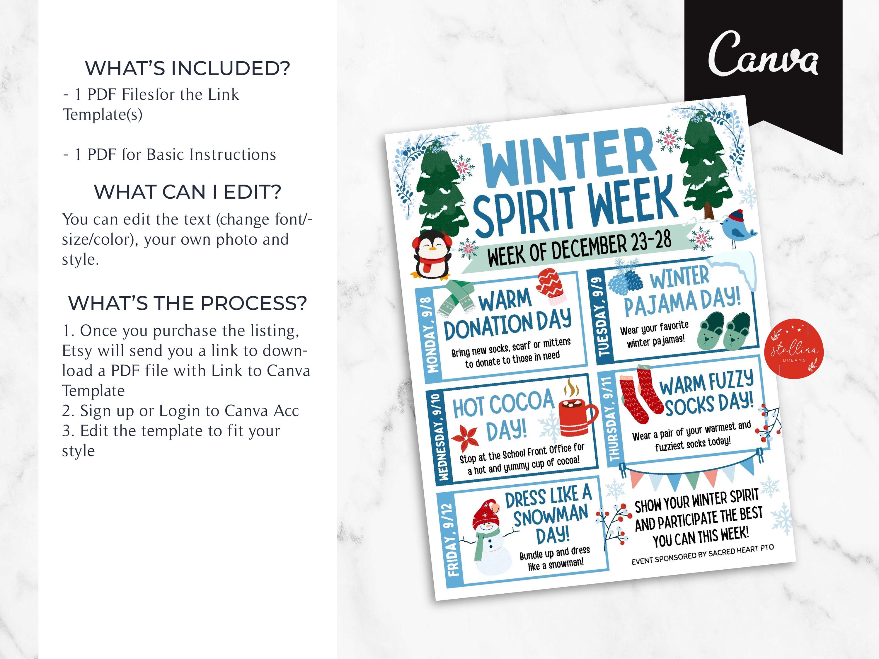 Winter School Spirit Week Itinerary: Editable CANVA Template, Weekly ...