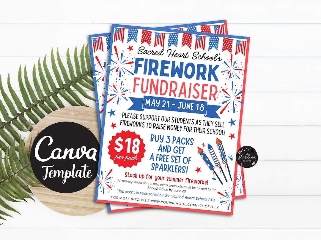 Firework Fundraiser Flyer: Editable School Event Template (CANVA) 4th ...
