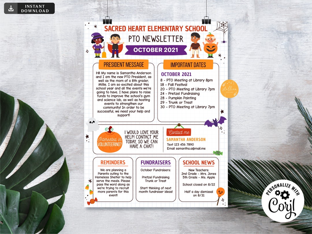 October PTO PTA Newsletter Flyer, Halloween Printable Handout, School ...