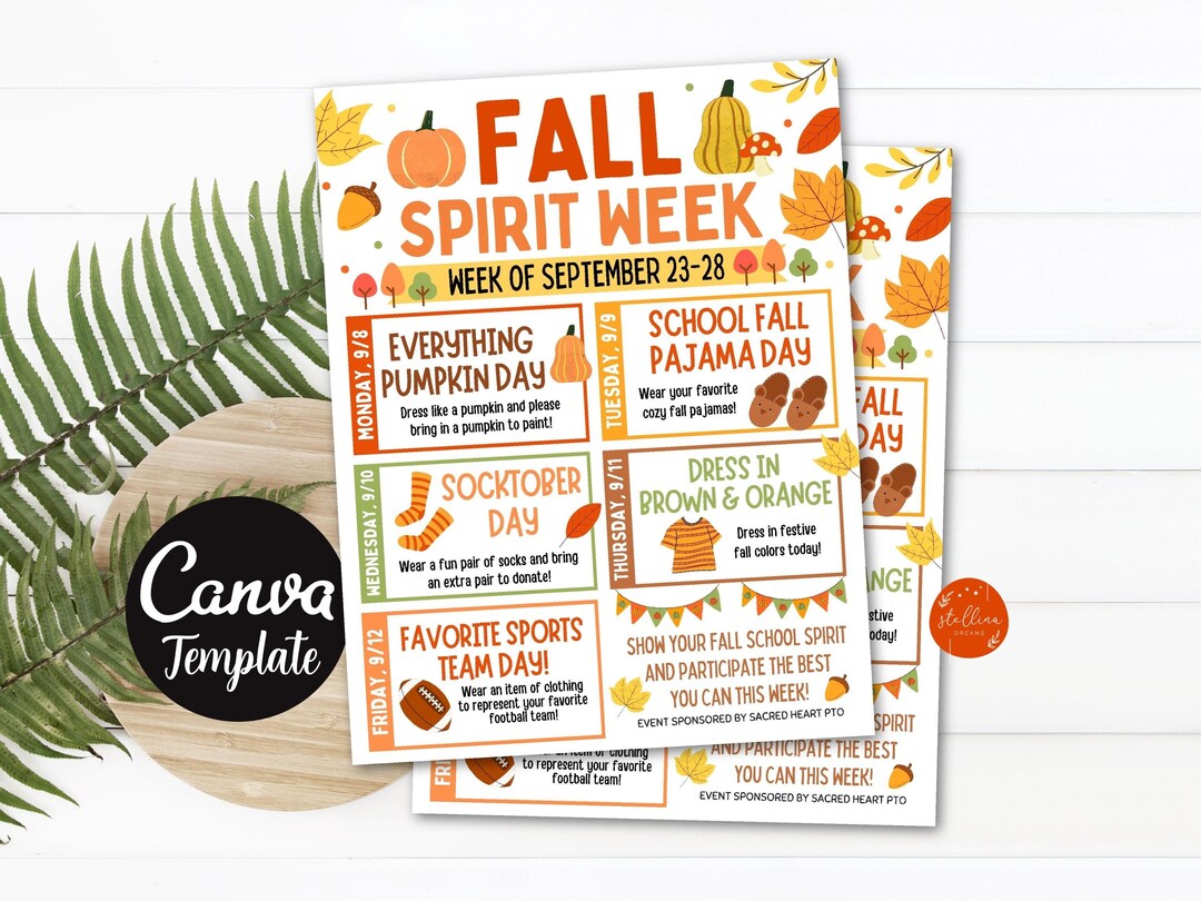 Editable Fall School Spirit Week Itinerary Schedule, Daily Weekly ...