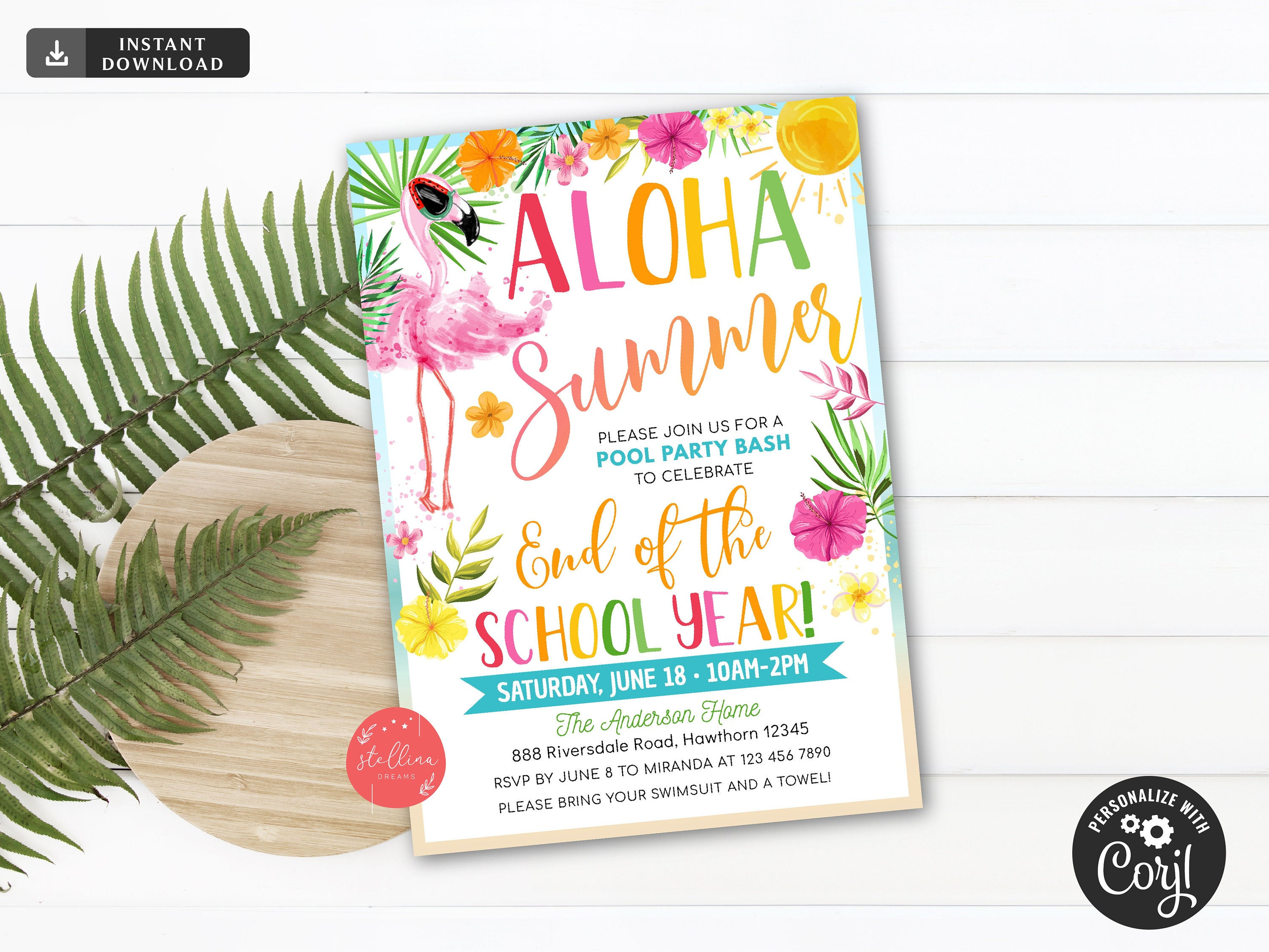 Aloha Summer Pool Party Invitation, EDITABLE End of School Party Invite ...