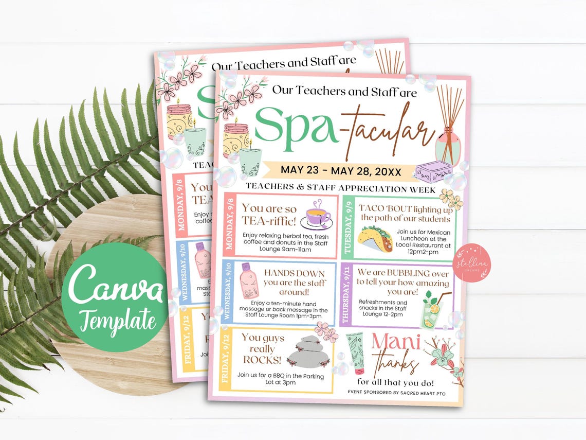 Spa Theme Teacher Appreciation Week Itinerary Flyer (CANVA Template) - Etsy