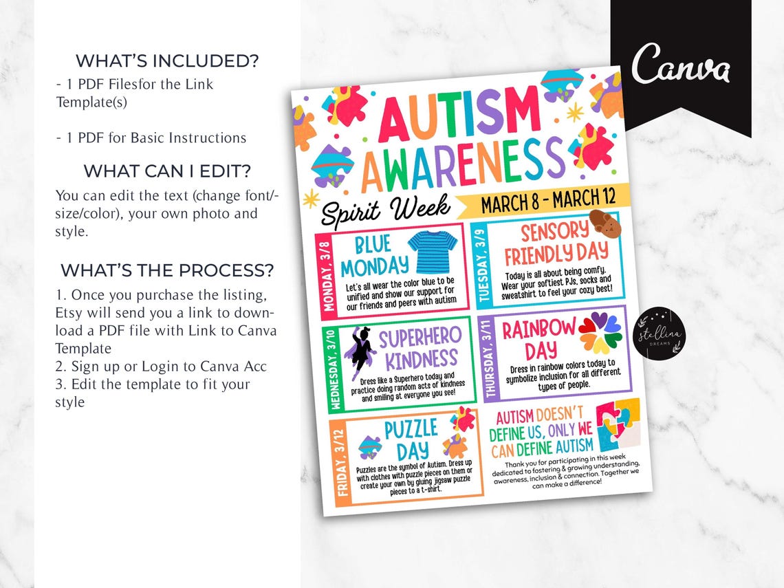 Autism Awareness Spirit Week Itinerary Schedule: Editable Weekly ...