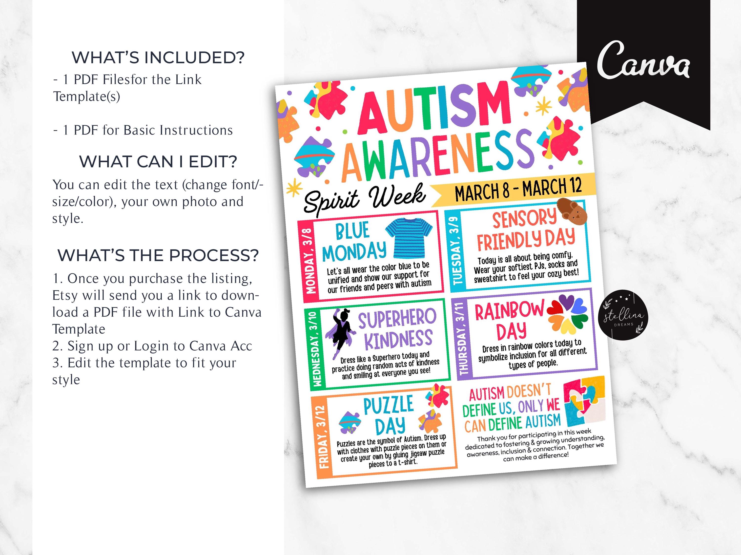 Autism Awareness Spirit Week Itinerary Schedule: Editable Weekly ...