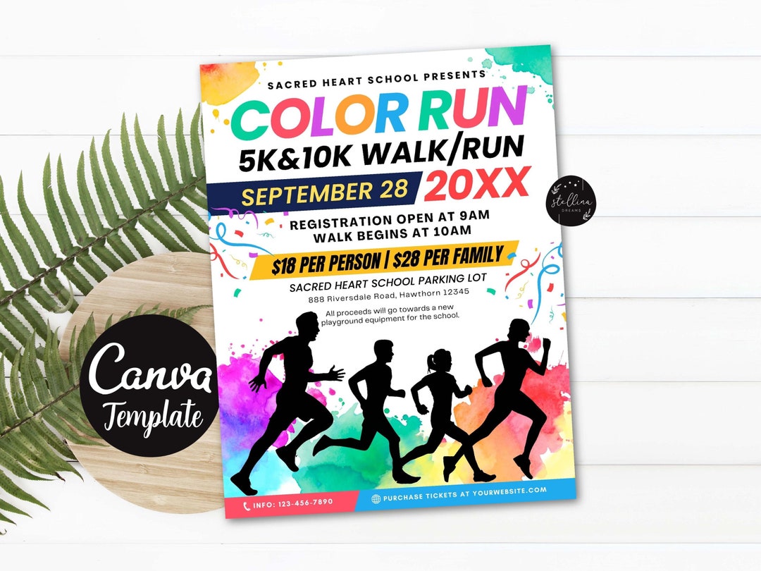 Editable Color Run Flyer: 5k/10k Race, School Fundraiser (CANVA ...