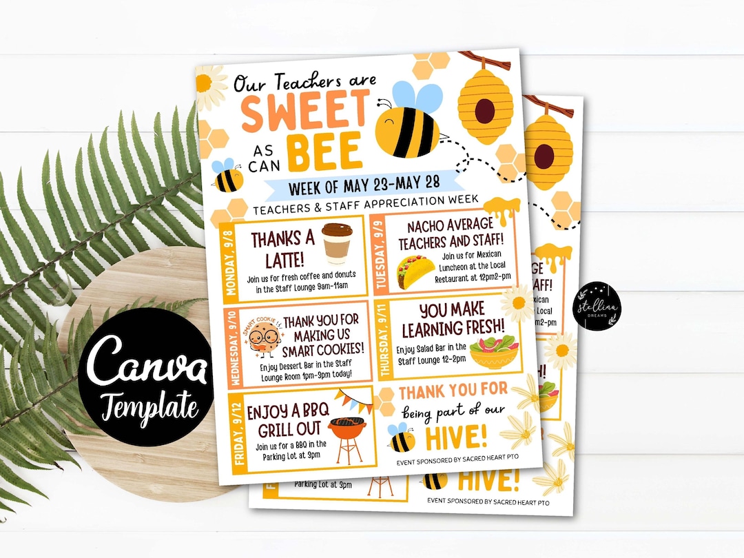 Editable Bee Themed Teacher Appreciation Week Itinerary Sweet as Can ...