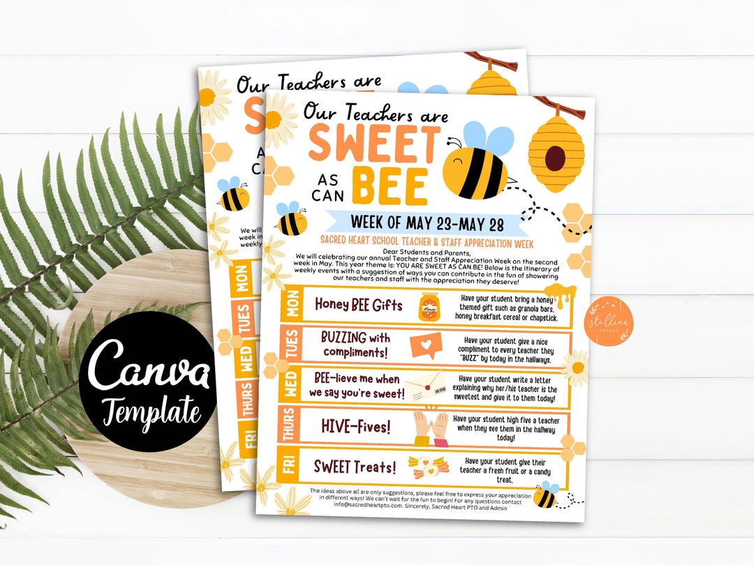 Bee Themed Teacher Appreciation Week Itinerary Take Home Sheet Sweet as ...