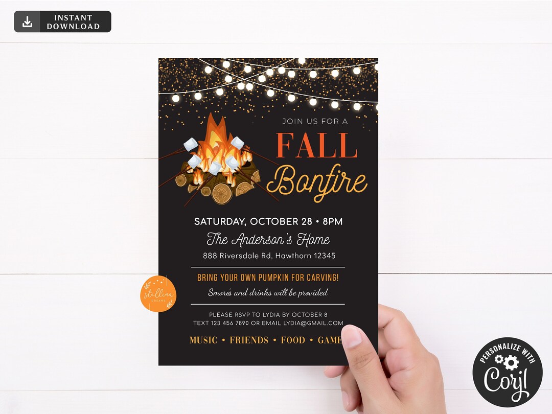 Fall Harvest Bonfire Invitation, Family Picnic, BBQ Invite, EDITABLE ...