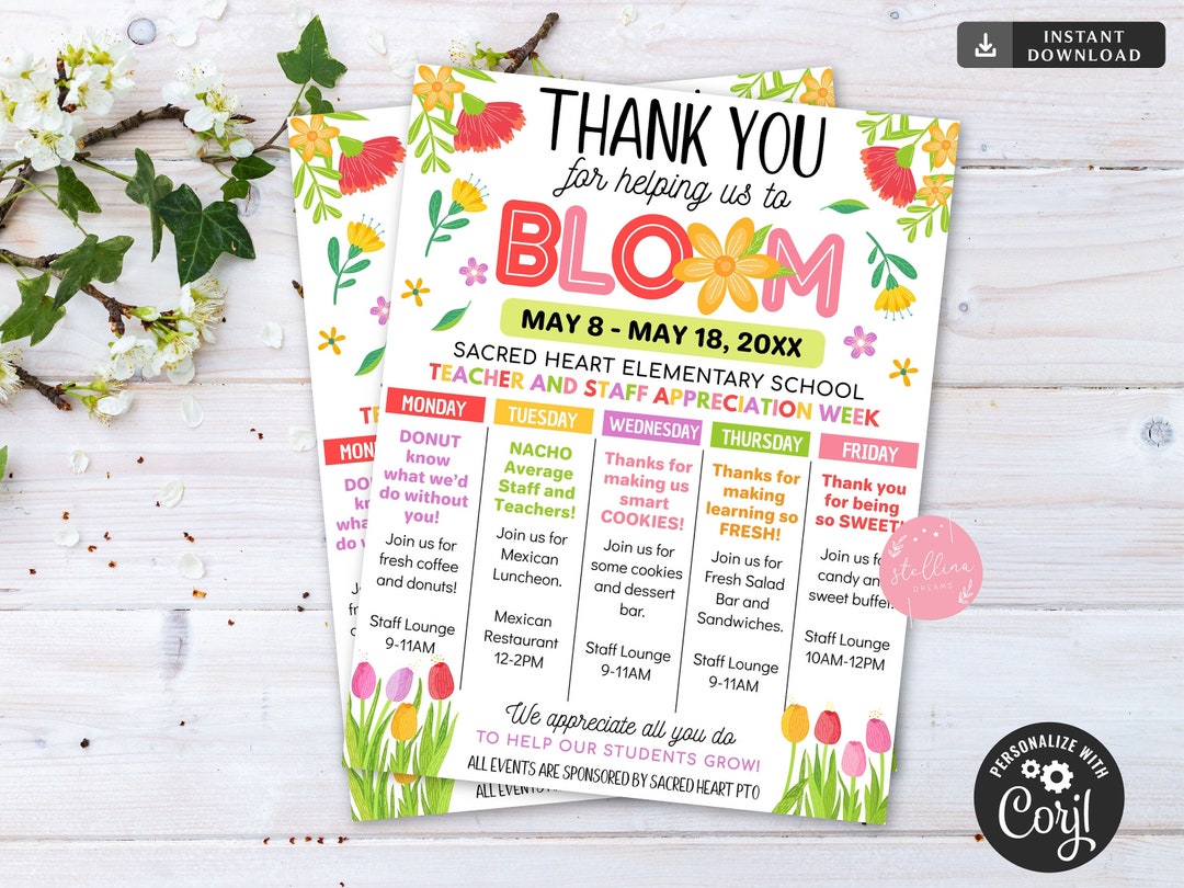 EDITABLE Teacher Appreciation Week Itinerary, Appreciation Bloom Grow ...