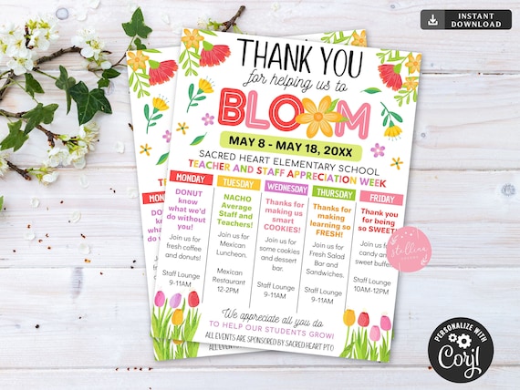 EDITABLE Teacher Appreciation Week Itinerary Appreciation - Etsy
