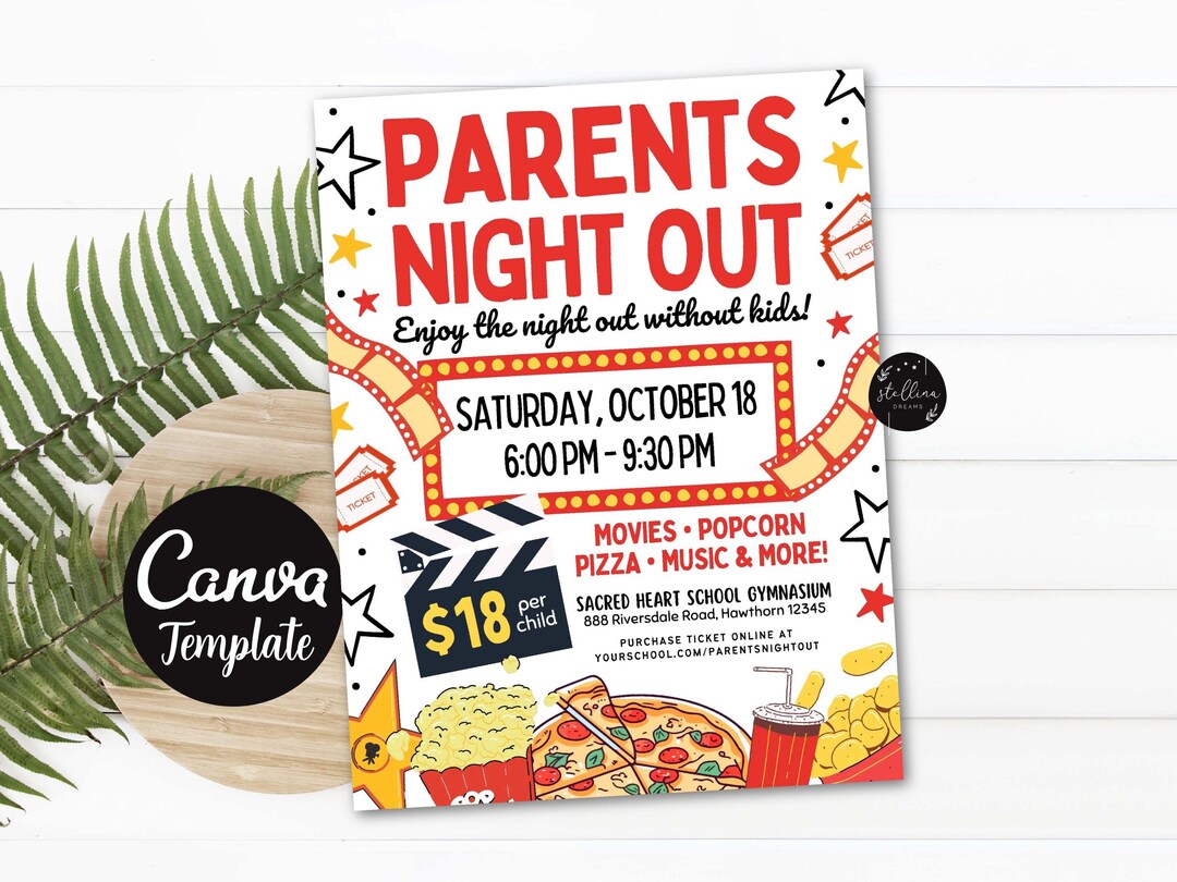 Editable Parents Night Out Movie Flyer: School Event Canva Template ...