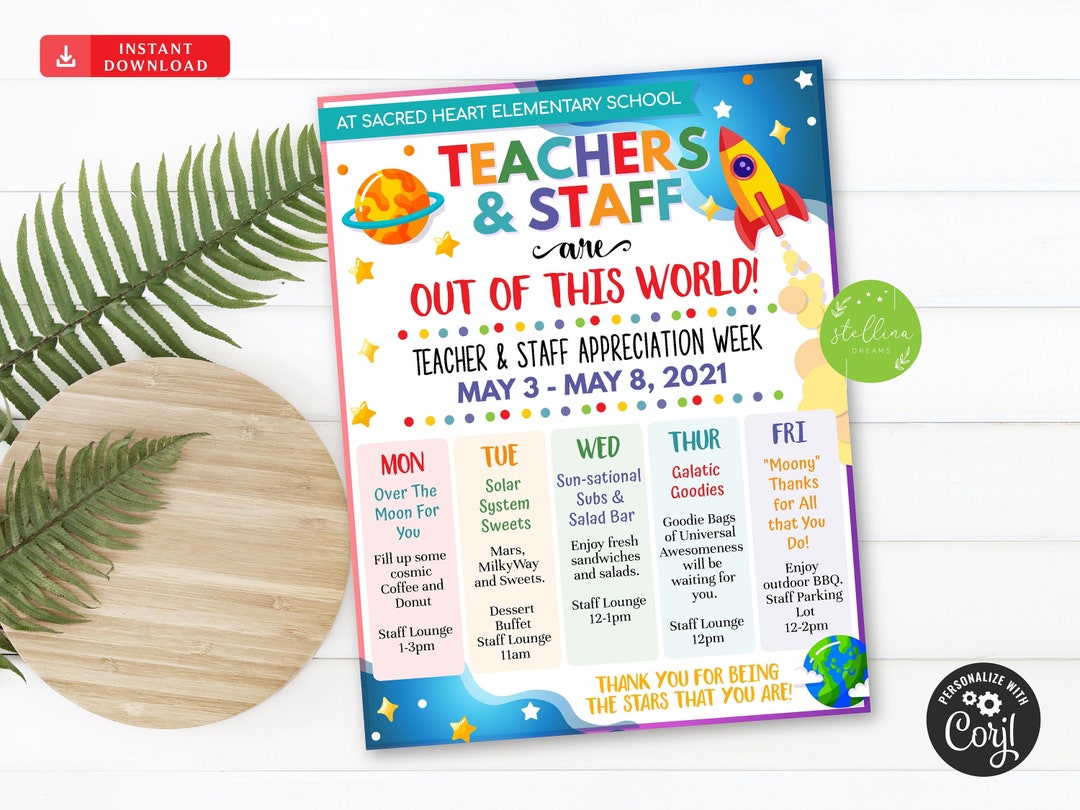 EDITABLE Space Theme Teacher Appreciation Week Itinerary Poster Digital ...