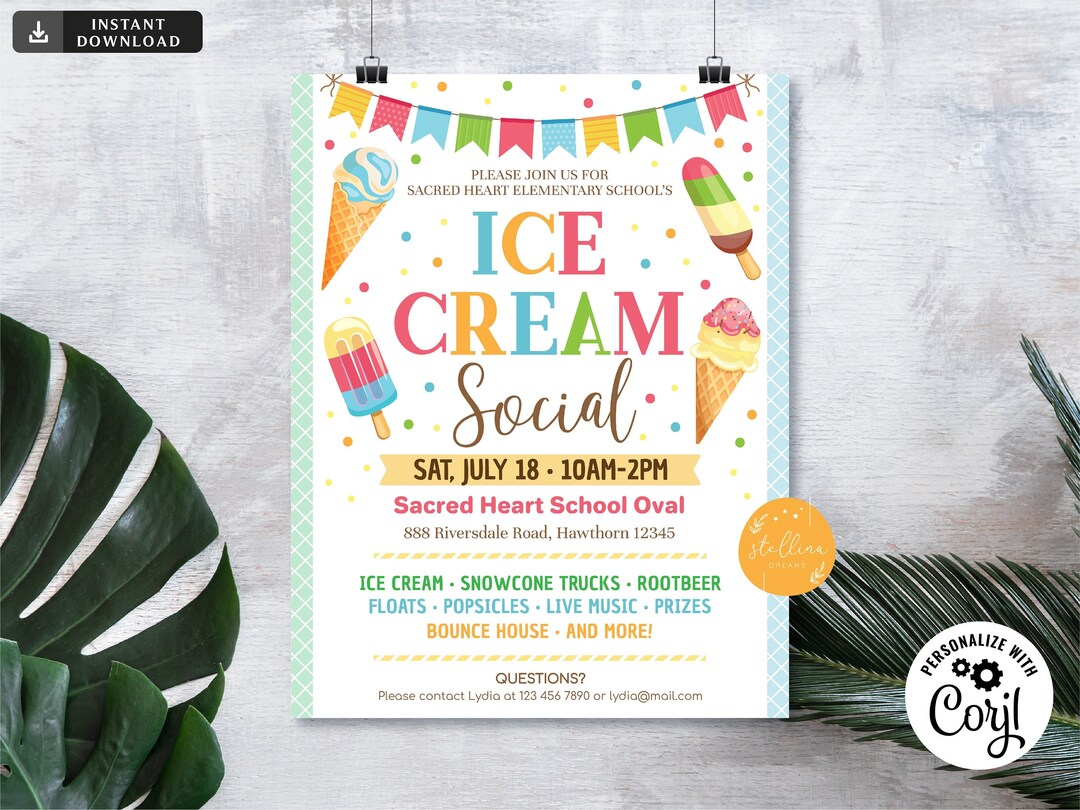 Editable Ice Cream Social Flyer: School PTA PTO Fundraiser (digital ...