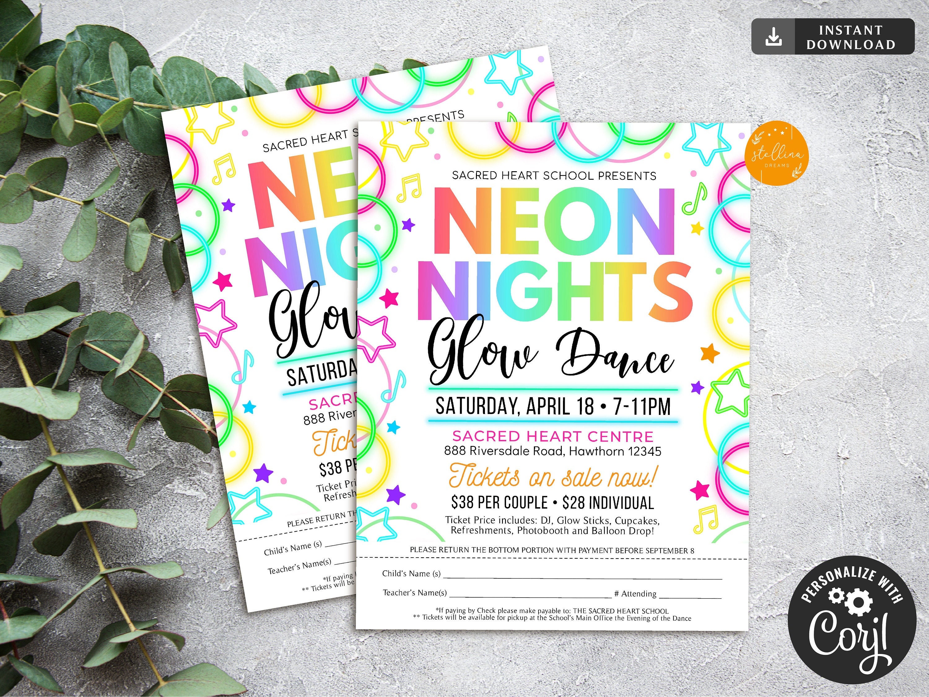 EDITABLE Neon Nights High School Dance, Glow Dance Set School Dance ...