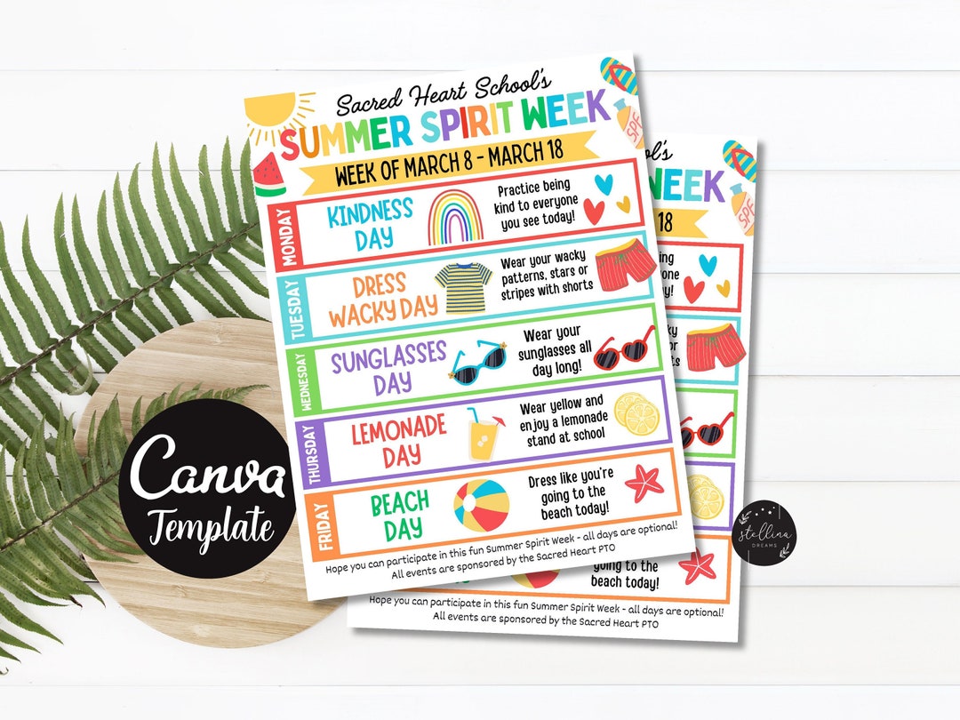 EDITABLE Summer School Spirit Week Itinerary Schedule, Daily Weekly ...