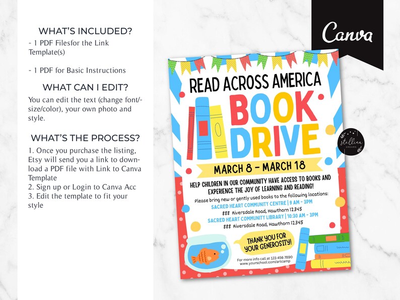 Read Across America Book Drive Flyer: Editable CANVA Template, Literacy ...