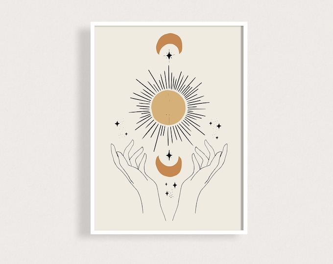 Hands Holding Sun Moon Art Print Celestial Stars Wall Art Mystical ...