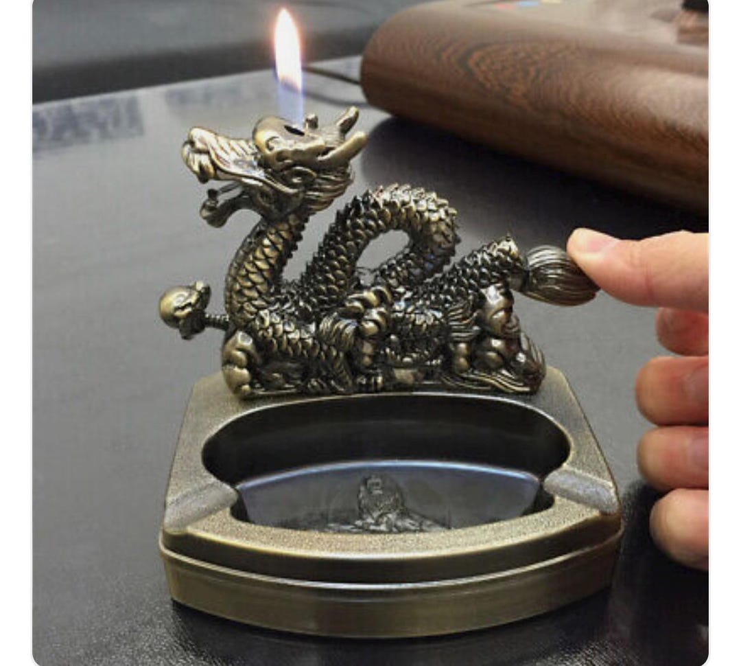 Vintage Brass Painted Good Luck Dragon Ashtray Lighter Statue ...