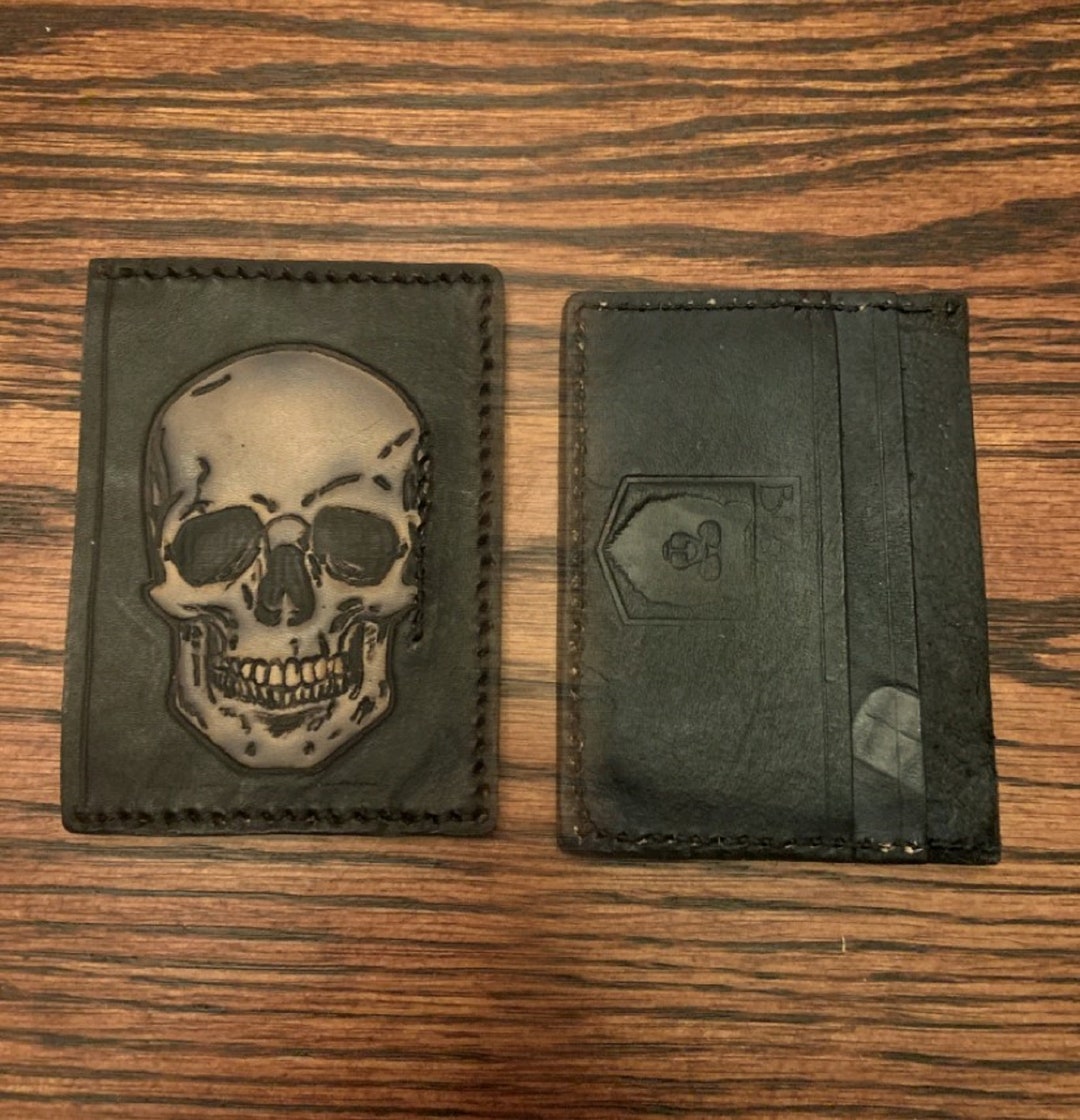 Custom Hand Tooled and Painted Genuine Leather Minimalist Wallet- Skull ...