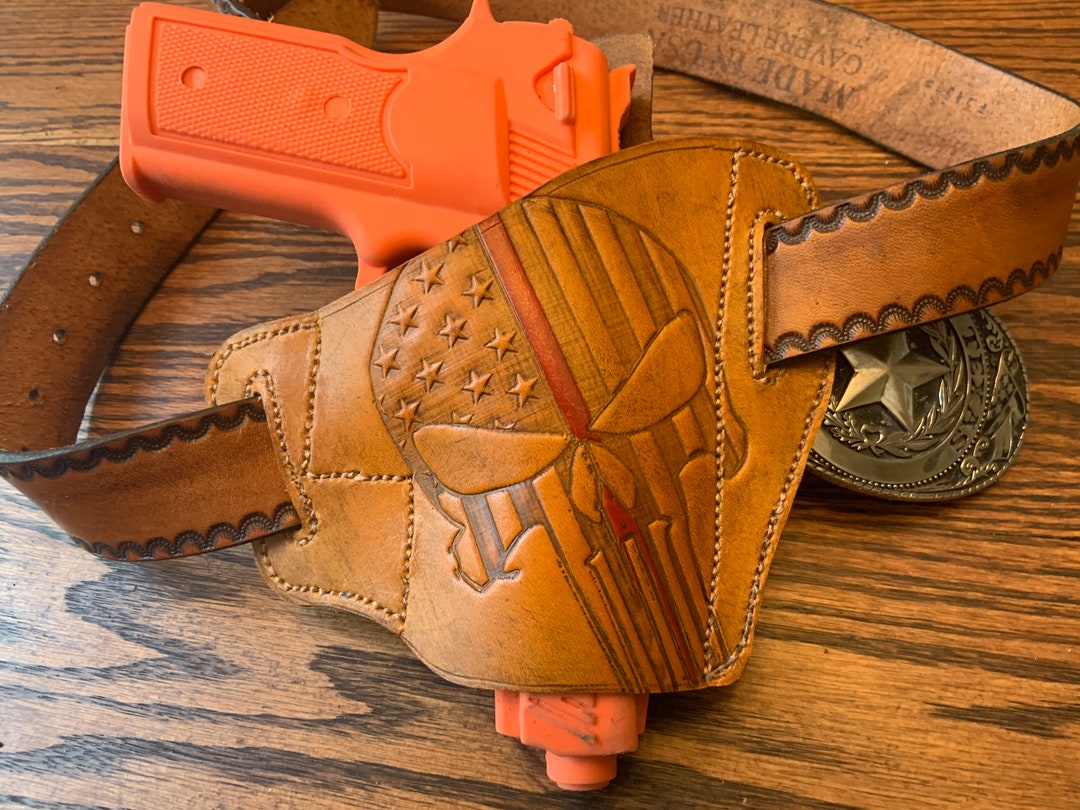 Custom Stamped and Airbrushed Leather Gun Holster Back the Red Skull ...